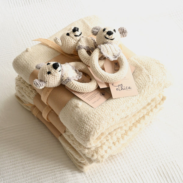 Hand-Knitted Cotton Teddy Rattle - One Kind Box